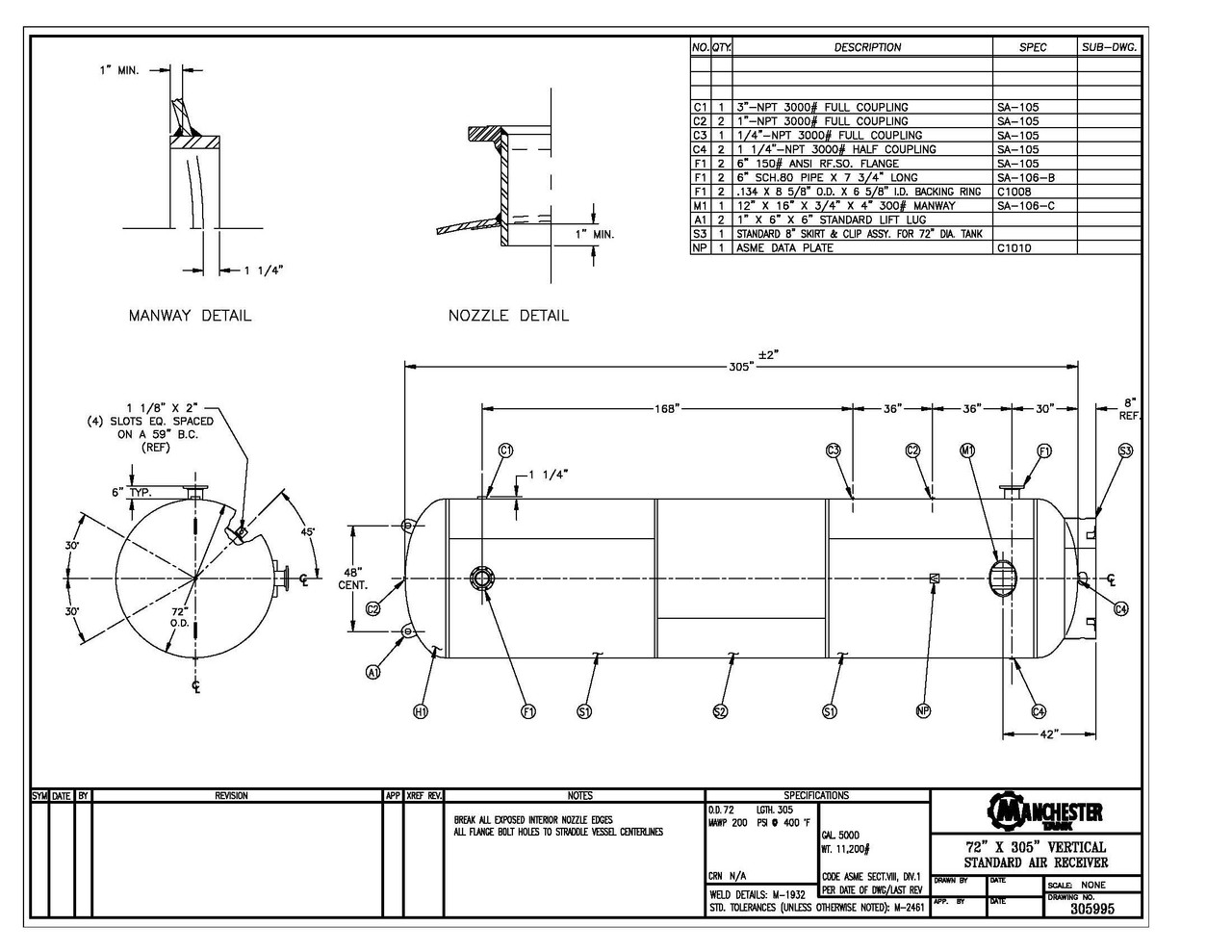 Manchester Tank 5,000-Gallon Vertical Air Receiver Tank 200 PSI, 72" x ...