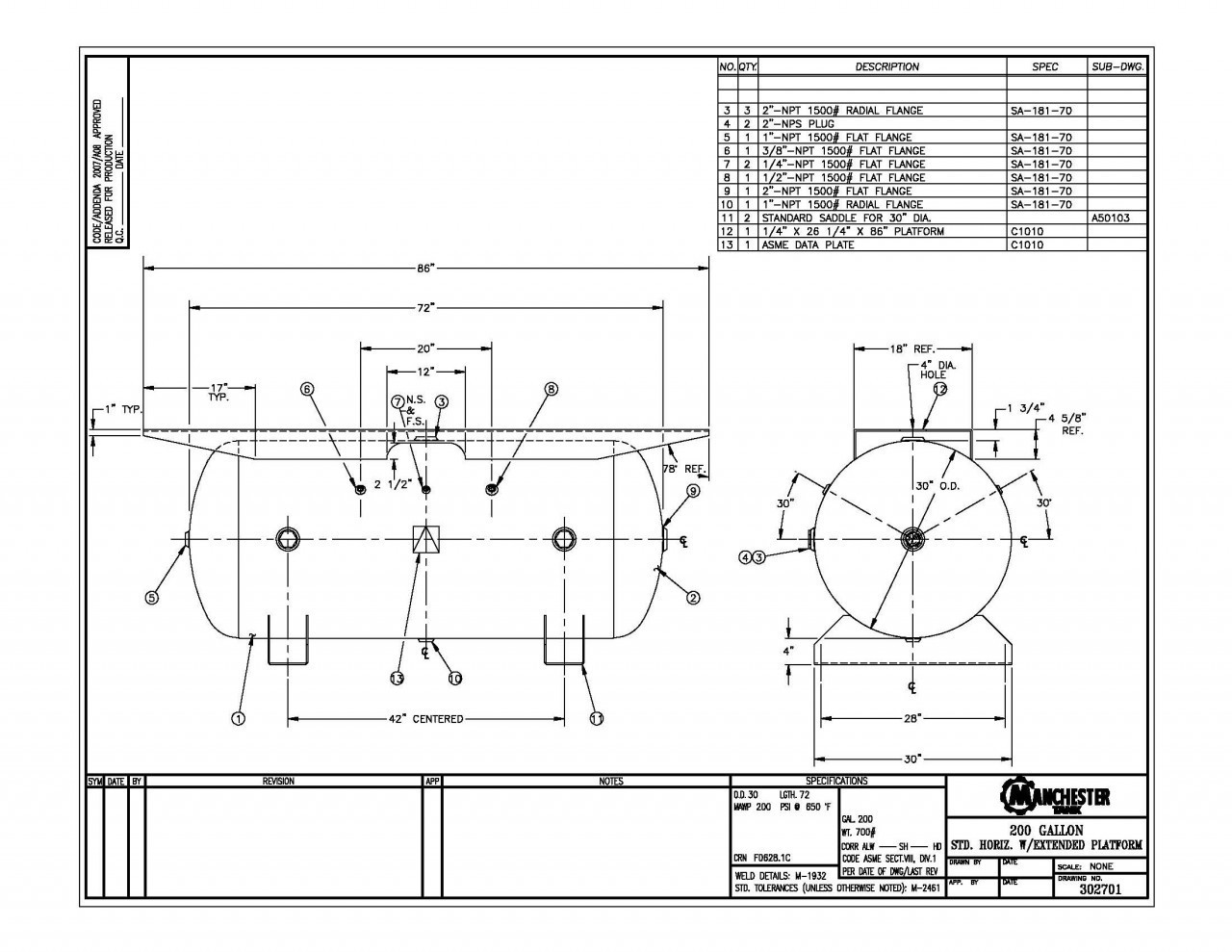 Manchester Tank 200-Gallon Horizontal Air Receiver Tank 200 PSI ...