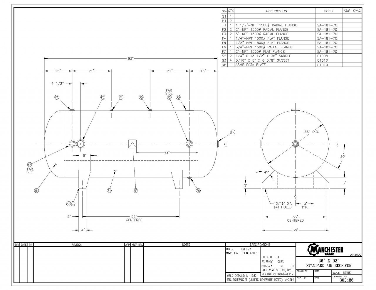 Manchester Tank 400-Gallon Horizontal Air Receiver Tank 200 PSI, 36" x ...