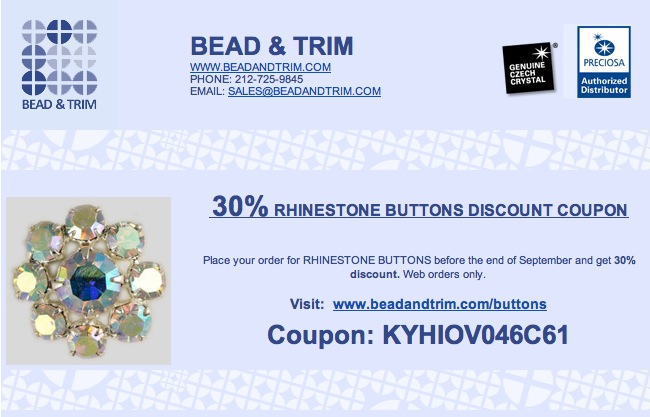 30% RHINESTONE BUTTONS DISCOUNT COUPON: - BEAD & TRIM