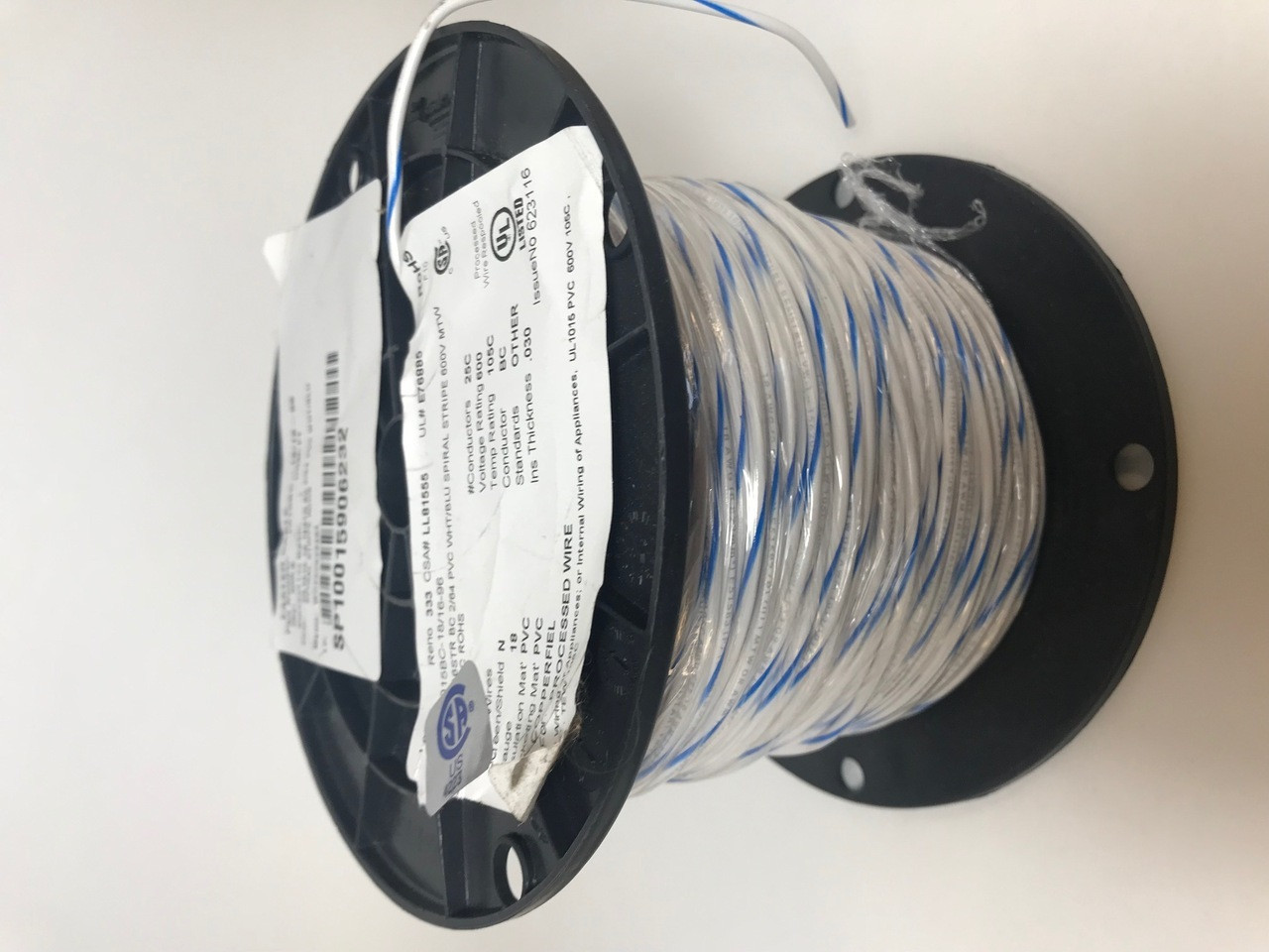 18 AWG MTW UL Panel Wire, White w/ Blue Stripe, 500ft /reel - Fastercable