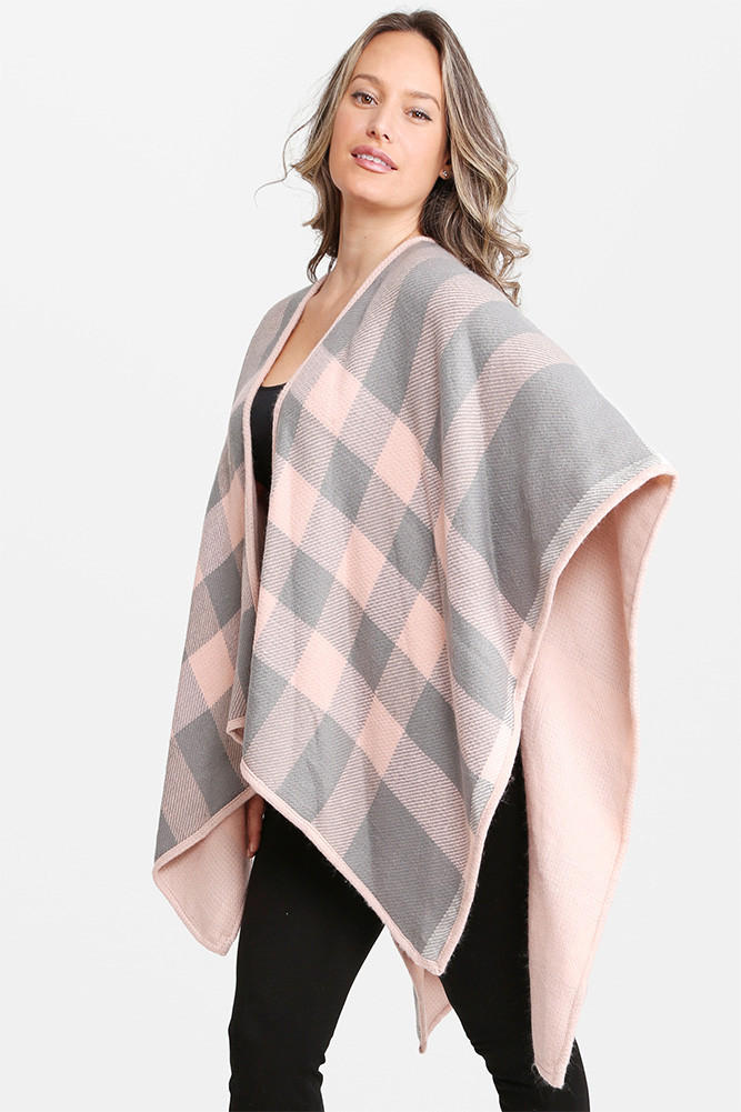 CHECK PATTERN RUANA SHAWL-JP1672-PINK/GRAY - HANA WHOLESALE