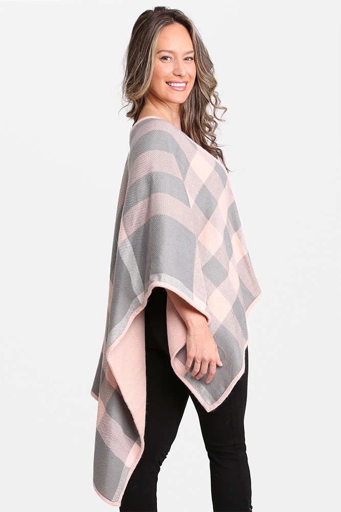 CHECK PATTERN RUANA SHAWL-JP1672-PINK/GRAY - HANA WHOLESALE