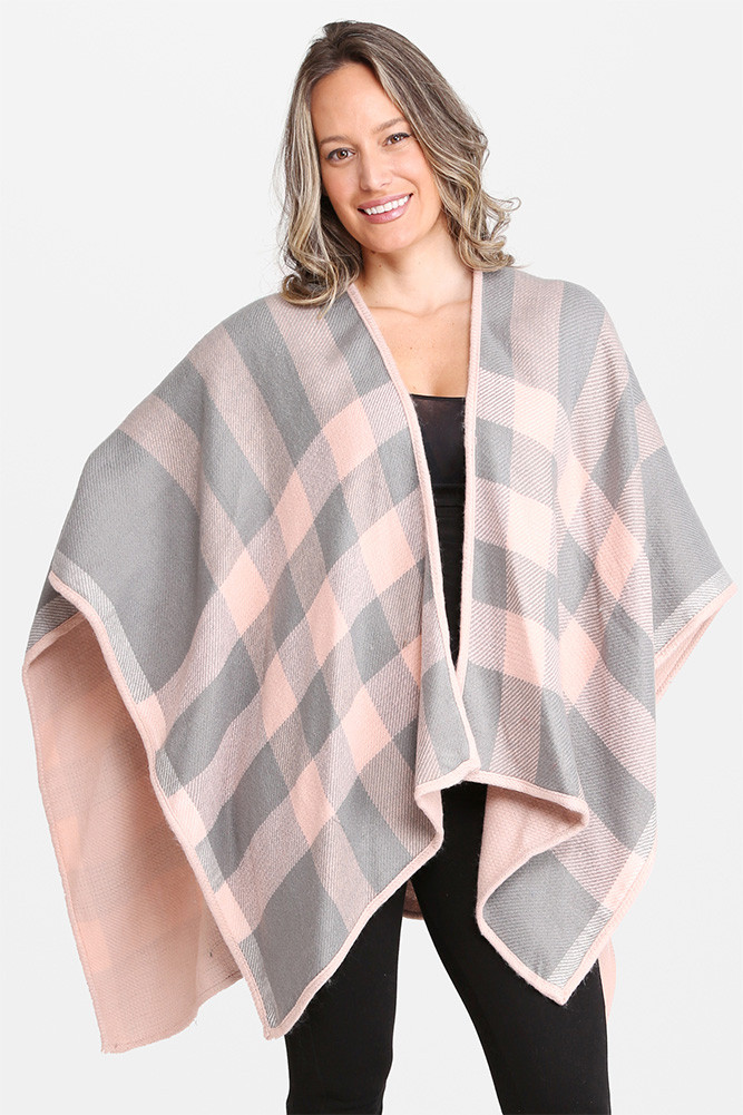 CHECK PATTERN RUANA SHAWL-JP1672-PINK/GRAY - HANA WHOLESALE