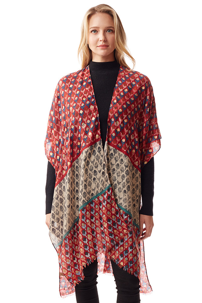 GEOMETRIC DESIGN WITH GOLD FOIL ACCENT RUANA-LOF1238-RED - HANA WHOLESALE