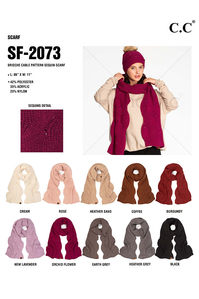 BRIOCHE CABLE PATTERN SEQUIN SCARF-SF-2073 - HANA WHOLESALE