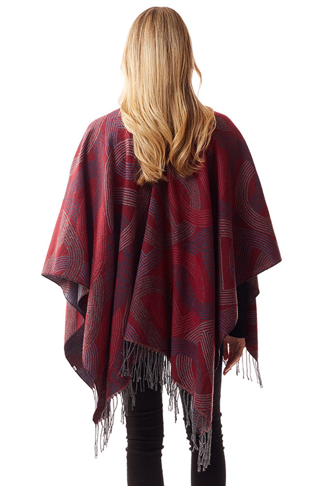 GEOMETRIC PATTERN FRINGE RUANA-LOF1248-BERRY - HANA WHOLESALE