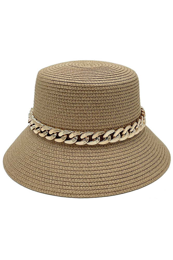 CHAIN BAND STRAW BUCKET HAT-BHU210090 - HANA WHOLESALE