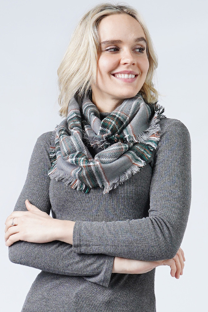 PLAID INFINITY FRAYED EDGE SCARF-ESC10404 - HANA WHOLESALE