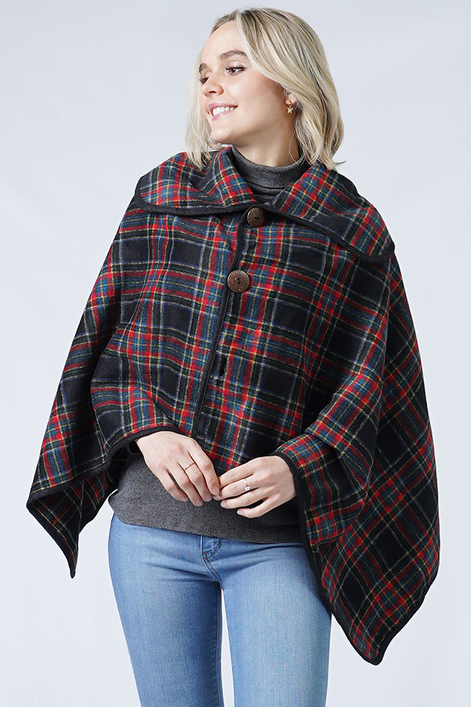 PLAID PATTERN SHAWL BUTTON PONCHO-EPC10370 - HANA WHOLESALE
