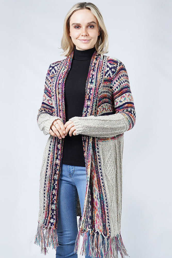 ETHNIC PATTERN KNIT CARDIGAN-ECD10390 - HANA WHOLESALE