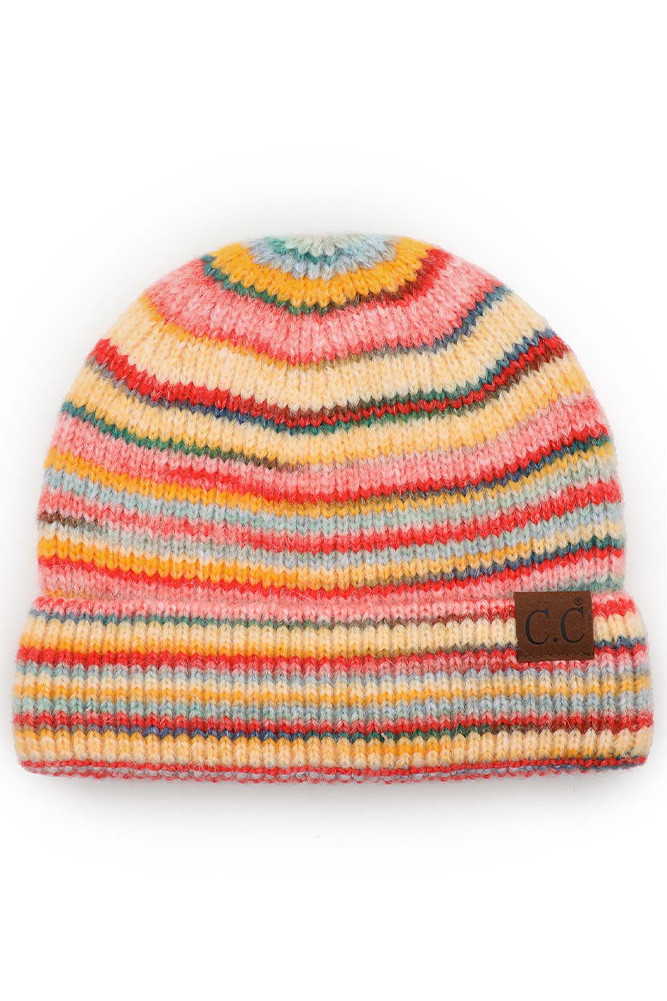 C.C STRIPE COLOR BLOCK BEANIE-HAT-4007 - HANA WHOLESALE