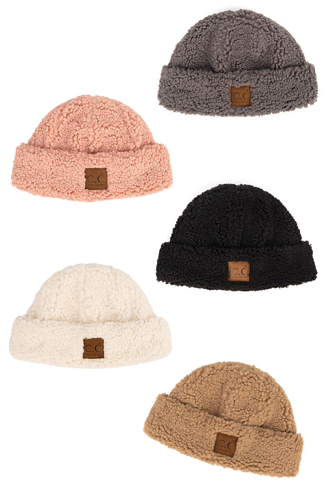 C.C SHERPA CUFF BEANIE HAT WITH SUEDE LOGO-HAT-008 - HANA WHOLESALE