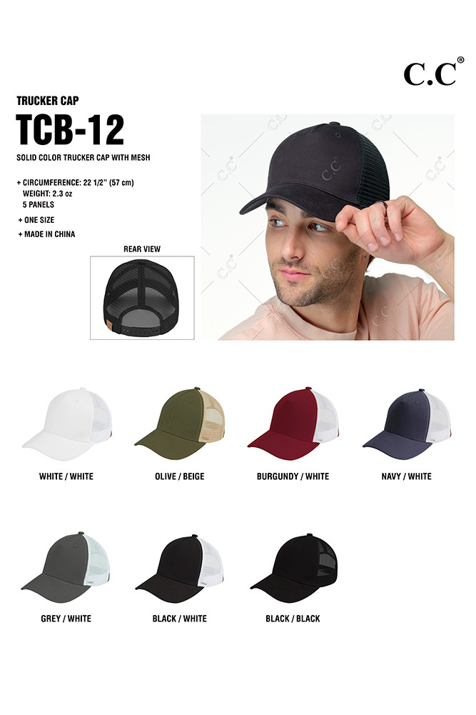 C.C Solid Color Trucker Cap-TCB-12 - HANA WHOLESALE