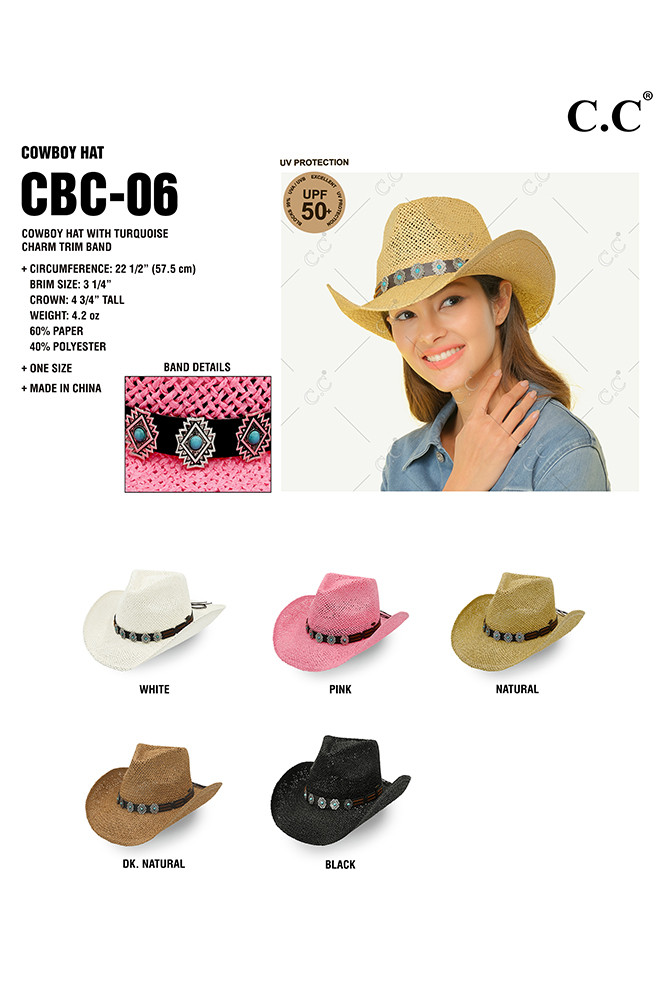 C.C Turquoise Charm Trim cowboy Hat-CBC-06 - HANA WHOLESALE