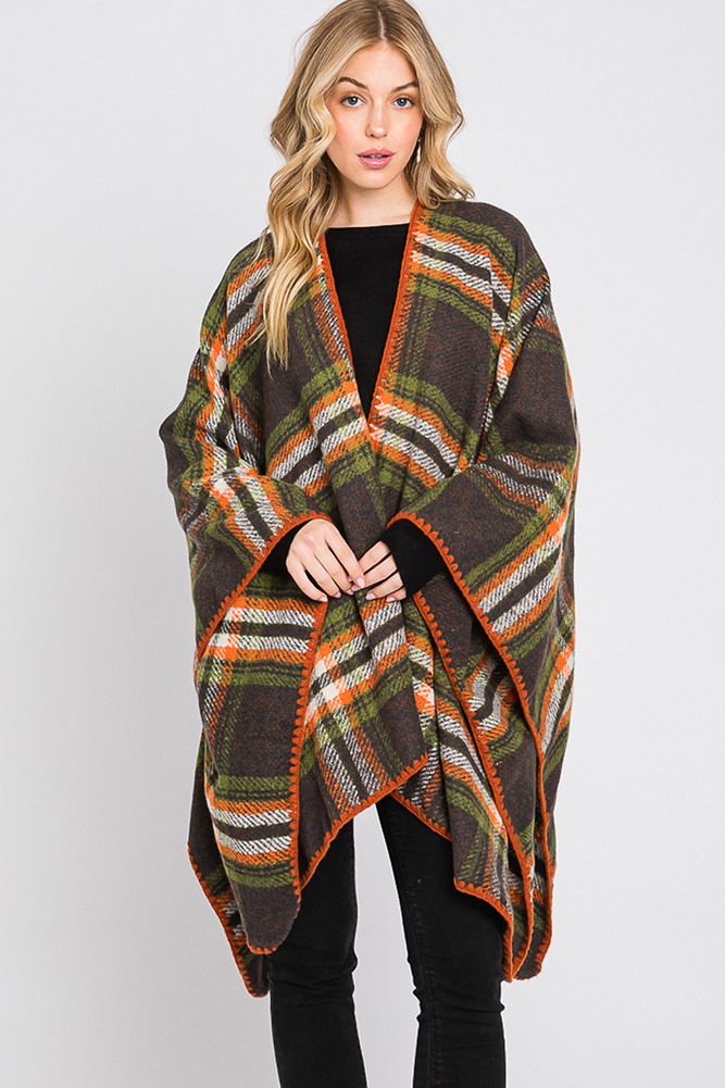 Plaid Pattern Ruana-MS0331 - HANA WHOLESALE