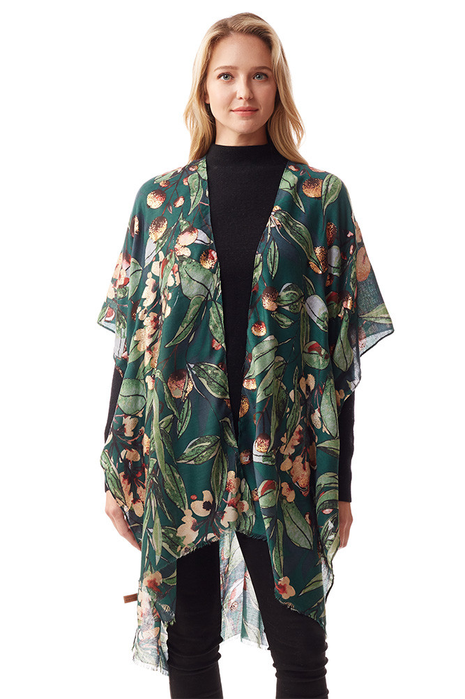 Floral Print With Gold Foil Accent Ruana-LOF1221 - HANA WHOLESALE