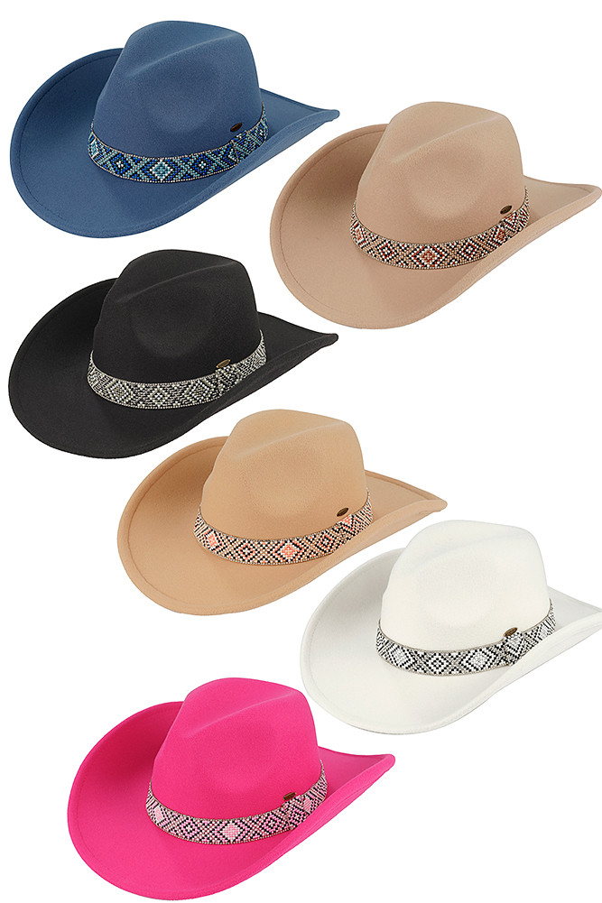 C.C Aztec Beads Trim Vegan Cowboy Hat-VCC0076 - HANA WHOLESALE