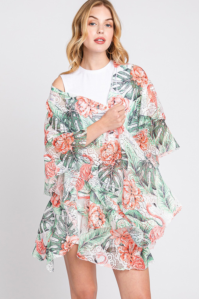 Ruffle Lined Tropical Flamingo Crochet Cover Up-MS0358 - HANA WHOLESALE