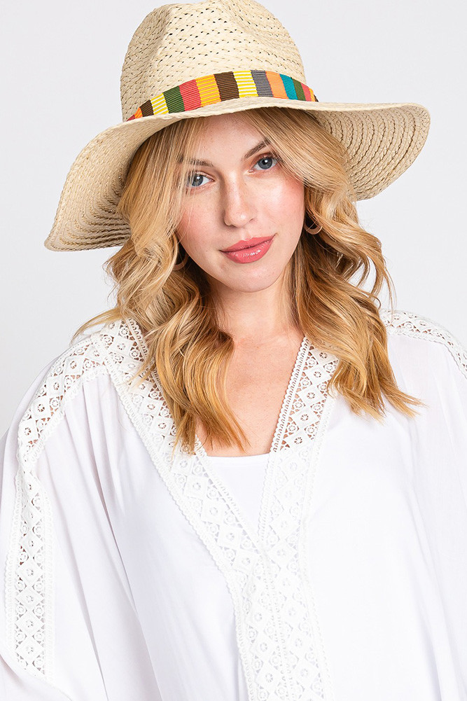 Multi Color Stripe Band Straw Hat-MH0147 - HANA WHOLESALE