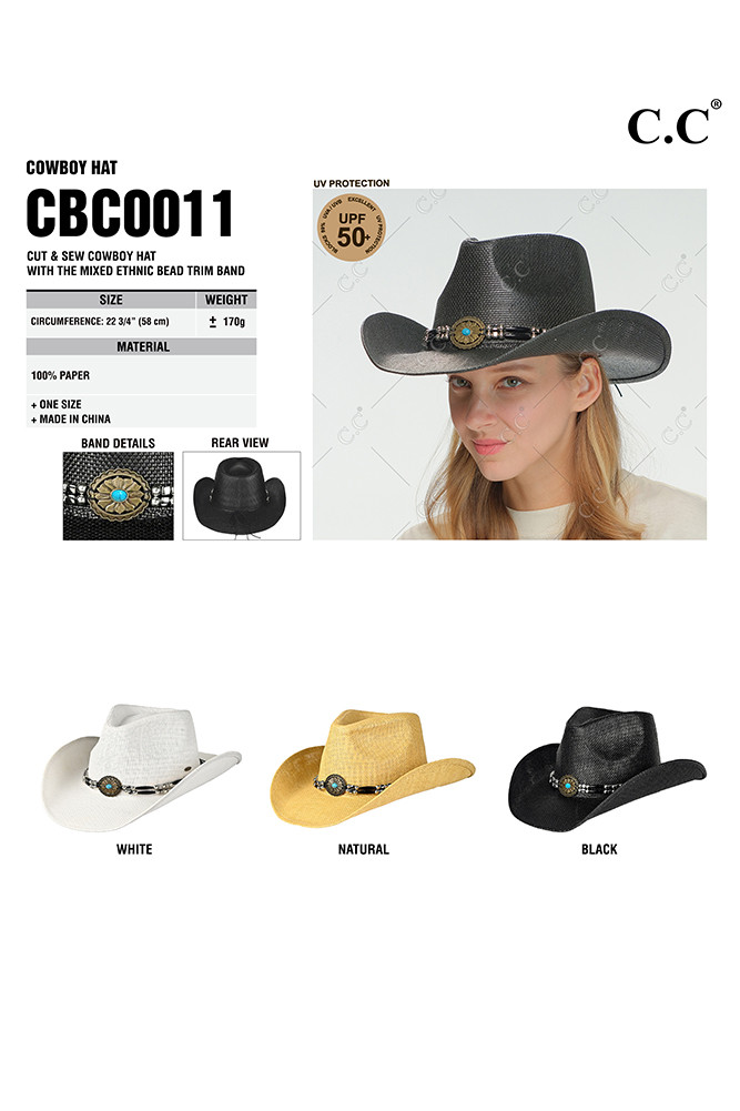 C.C Mixed Ethnic Bead Trim Band Cowboy Hat-CBC0011 - HANA WHOLESALE