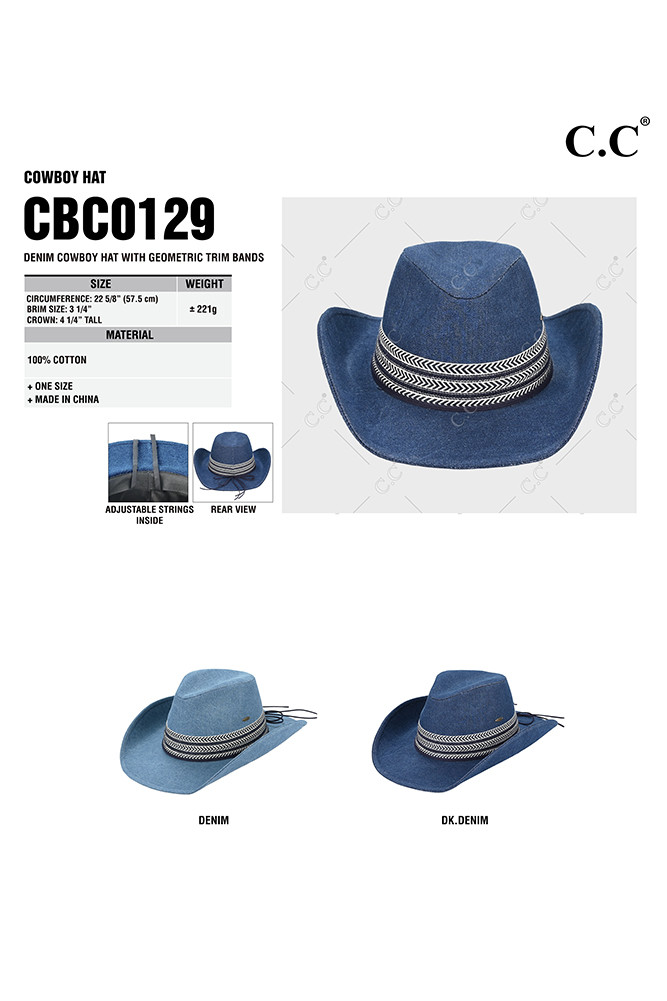 C.C Denim Cowboy Hat With Geometric Trim Bands-CBC0129 - HANA WHOLESALE