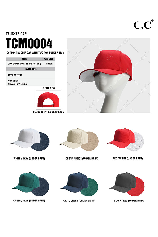 C.C Cotton Two Tone Under Brim Trucker Cap-TCM0004 - HANA WHOLESALE