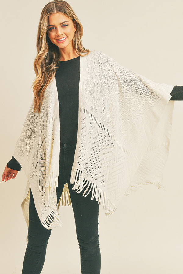 HERRINGBONE KNIT FRINGE RUANA-MS0262 - HANA WHOLESALE