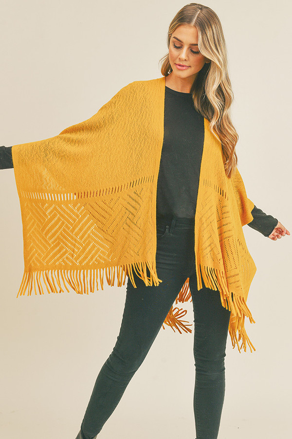 HERRINGBONE KNIT FRINGE RUANA-MS0262 - HANA WHOLESALE