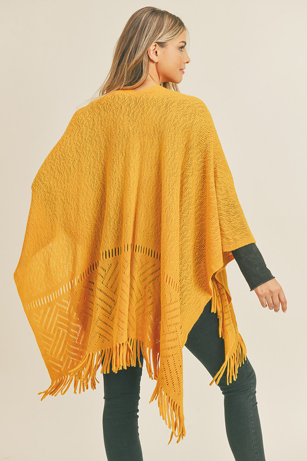 HERRINGBONE KNIT FRINGE RUANA-MS0262 - HANA WHOLESALE