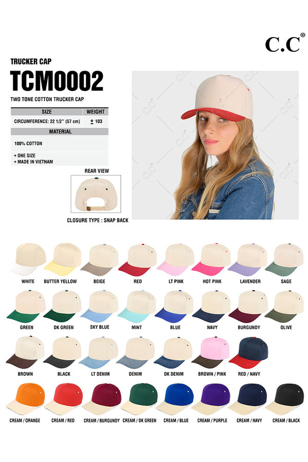 C.C Two Tone Canvas Trucker Hat Baseball Cap-TCM0002 - HANA WHOLESALE
