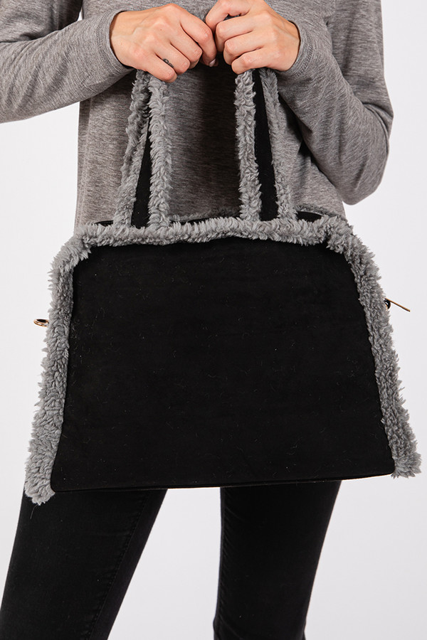 Fleece Trimmed Solid Tote and Crossbody Bag-MB0260 - HANA WHOLESALE