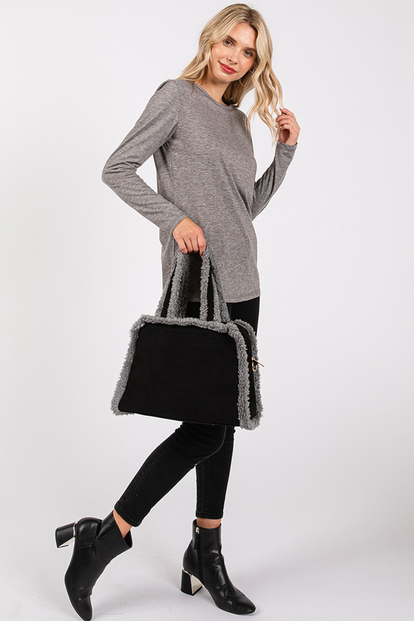 Fleece Trimmed Solid Tote and Crossbody Bag-MB0260 - HANA WHOLESALE