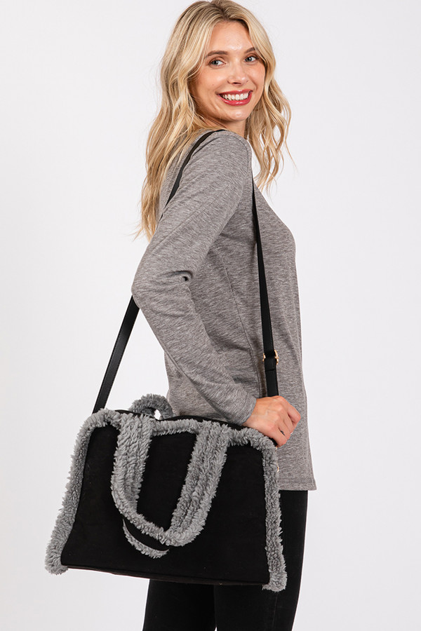 Fleece Trimmed Solid Tote and Crossbody Bag-MB0260 - HANA WHOLESALE