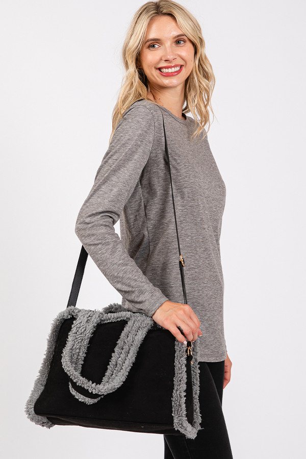 Fleece Trimmed Solid Tote and Crossbody Bag-MB0260 - HANA WHOLESALE