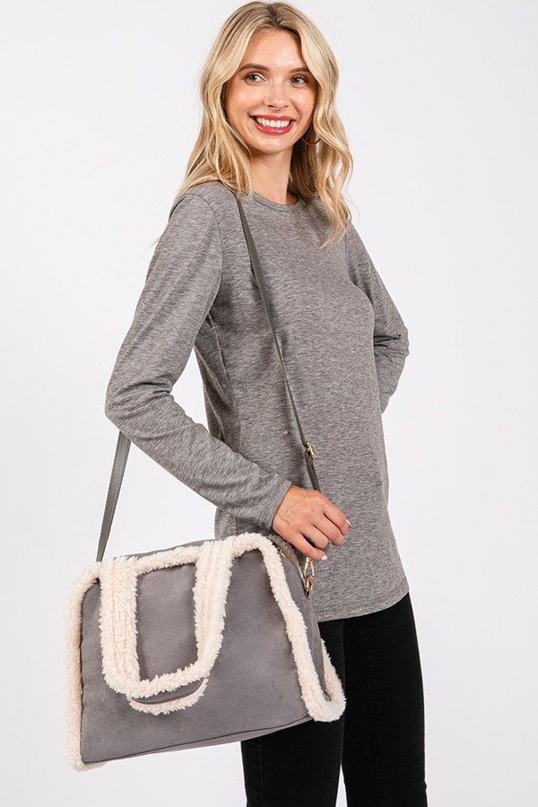 Fleece Trimmed Solid Tote and Crossbody Bag-MB0260 - HANA WHOLESALE