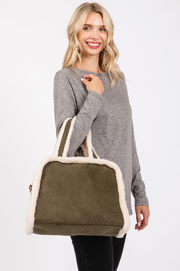 Fleece Trimmed Solid Tote and Crossbody Bag-MB0260 - HANA WHOLESALE