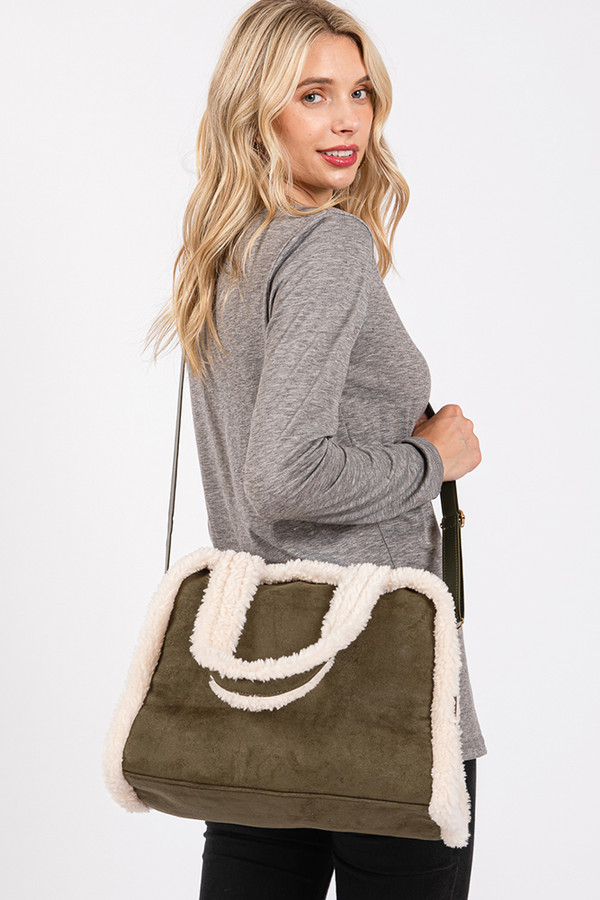 Fleece Trimmed Solid Tote and Crossbody Bag-MB0260 - HANA WHOLESALE