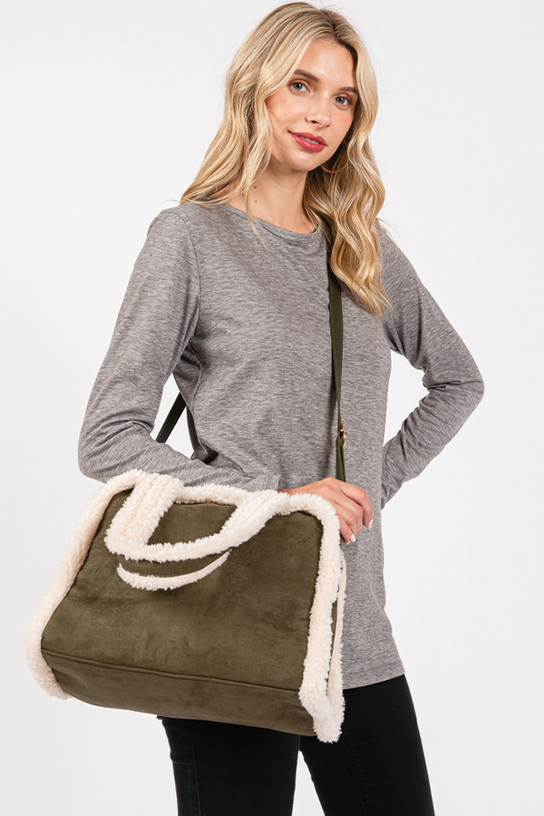 Fleece Trimmed Solid Tote and Crossbody Bag-MB0260 - HANA WHOLESALE