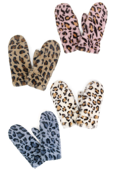 LEOPARD PRINT FAUX FUR MITTENS-LOG260 - HANA WHOLESALE