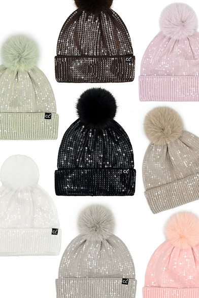 C.C All Over Clear Sequin Pom Beanie-HTC0044 - HANA WHOLESALE