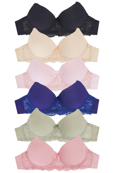 6pcs Lace Trim Solid A Cup Bra-7709A (6pcs) - HANA WHOLESALE