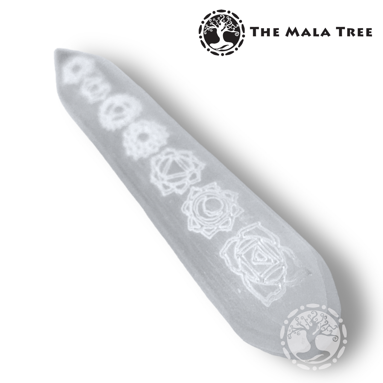 SELENITE Wand / Massage Wand with 7 Chakra Symbols - The Mala Tree