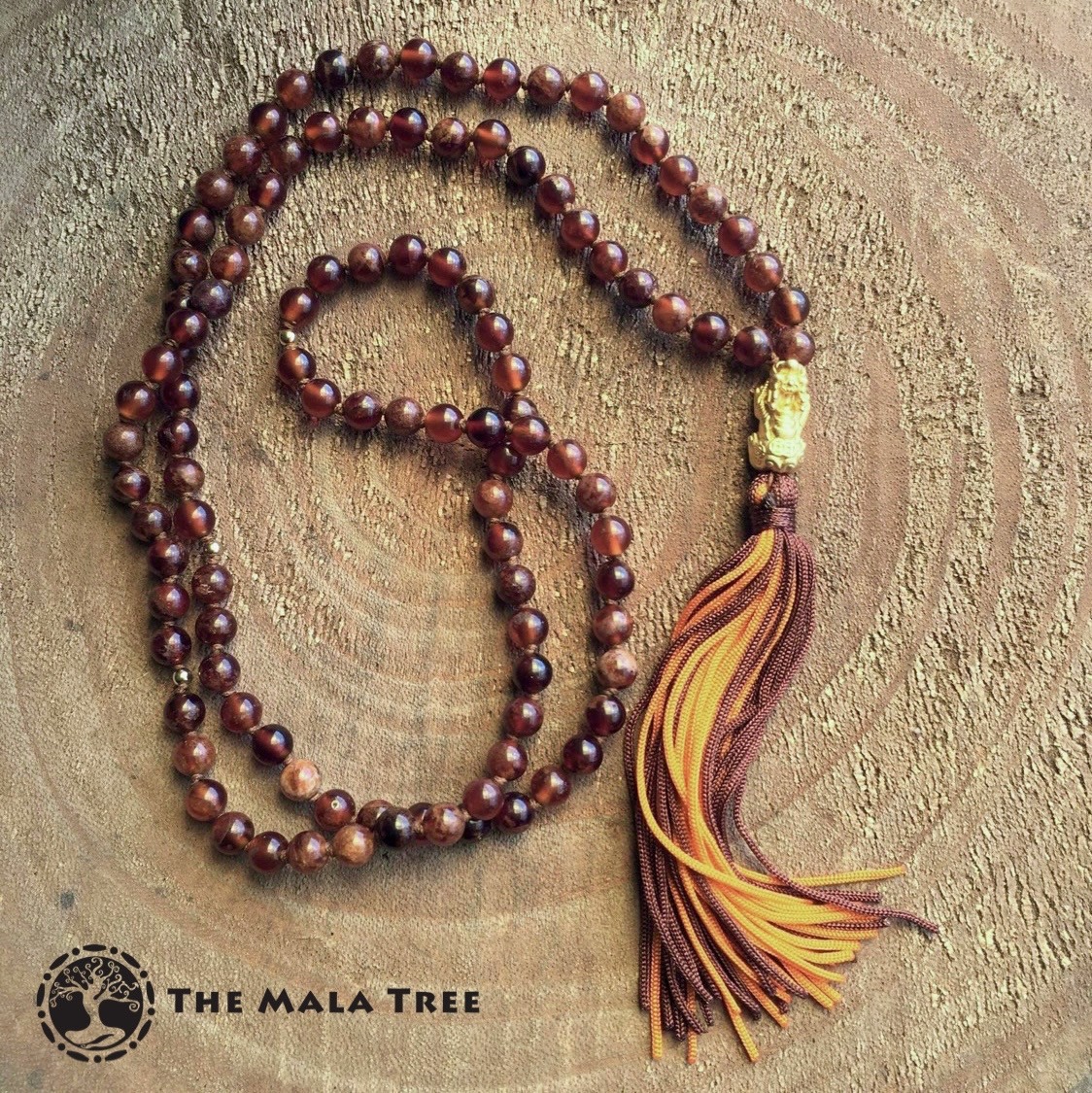 Tibetan Style SPESSARTINE GARNET Mala with PIYAO Guru Bead and GOLD ...