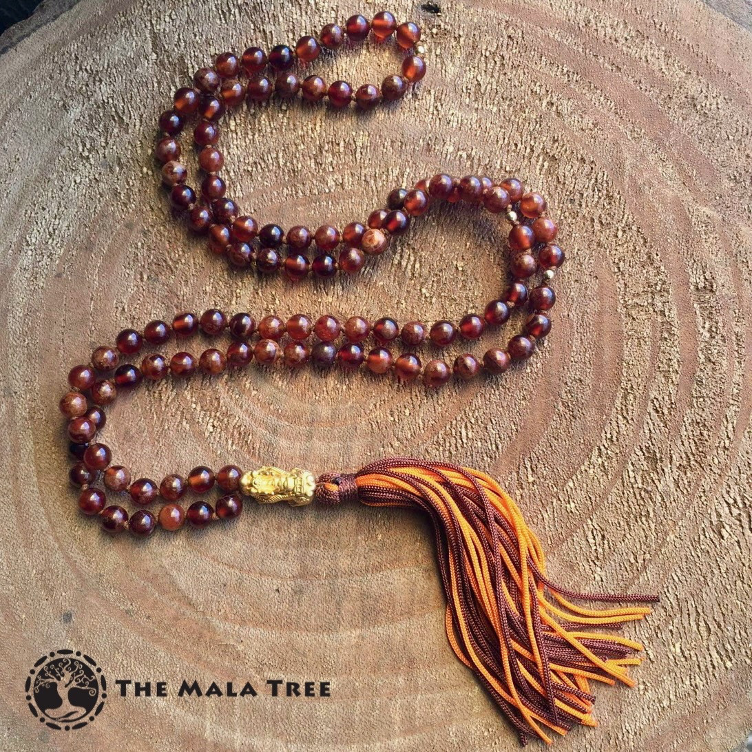 Tibetan Style SPESSARTINE GARNET Mala with PIYAO Guru Bead and GOLD ...