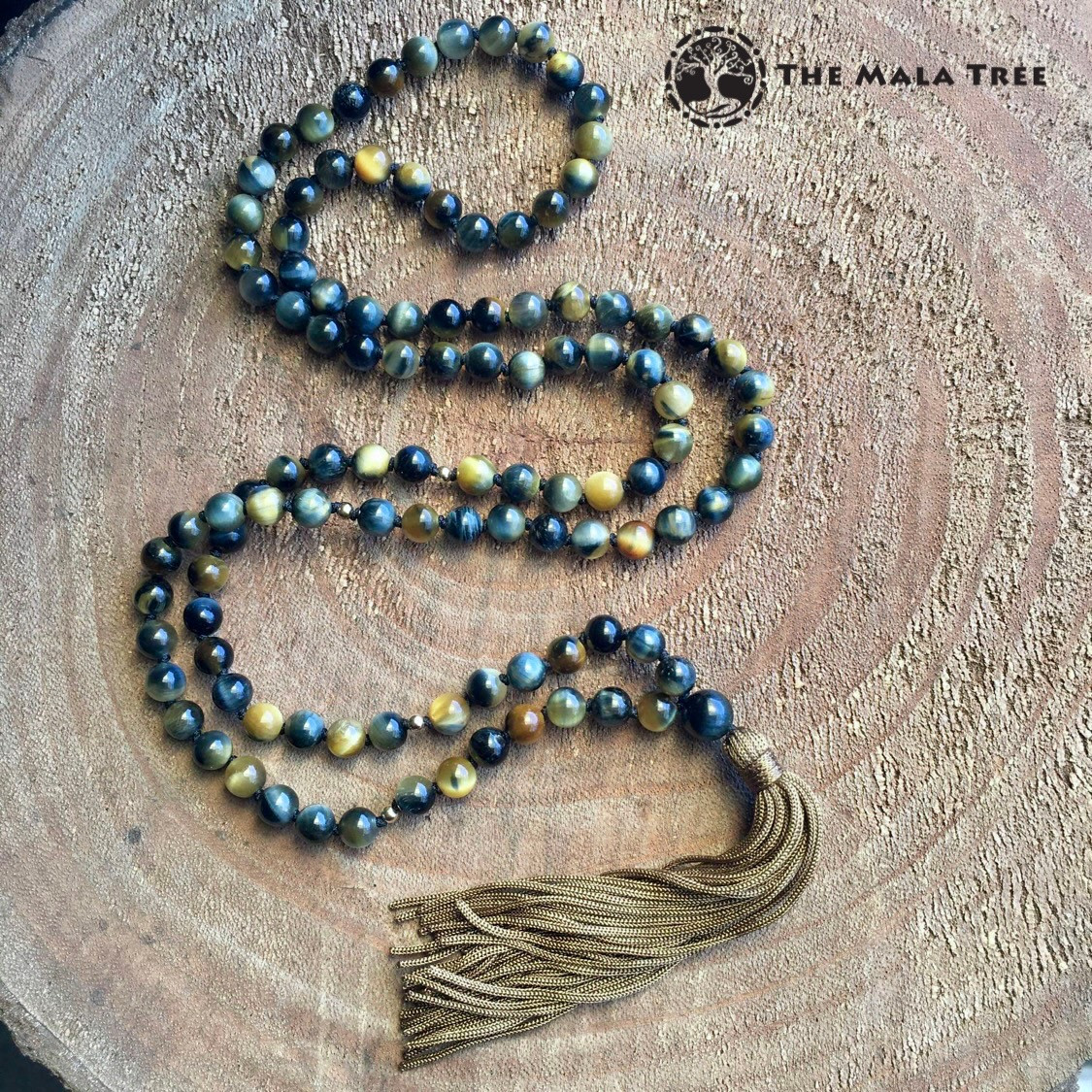 GOLDEN BLUE TIGER'S EYE Classic 108 Japa Mala Necklace - The Mala Tree