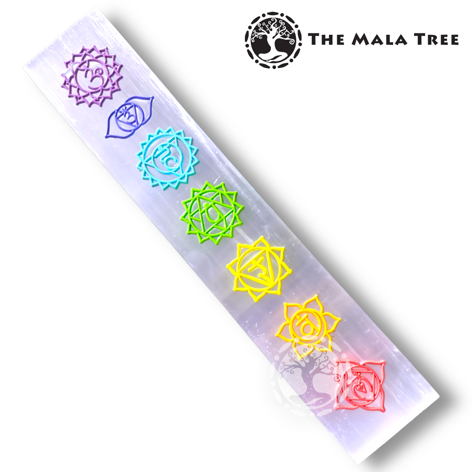 Seven Chakra Symbols Round Selenite Plate - The Mala Tree