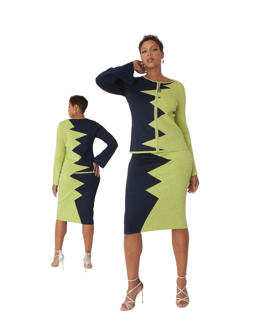 Elegance Fashions | Kayla Knits 5349 2Pc Skirt Suit - Navy/Green