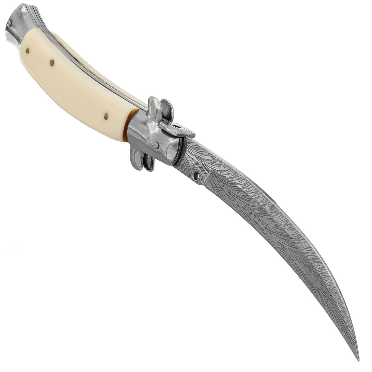 Hooked On You Automatic Curved Blade Bolster Lock Stiletto Knife | White