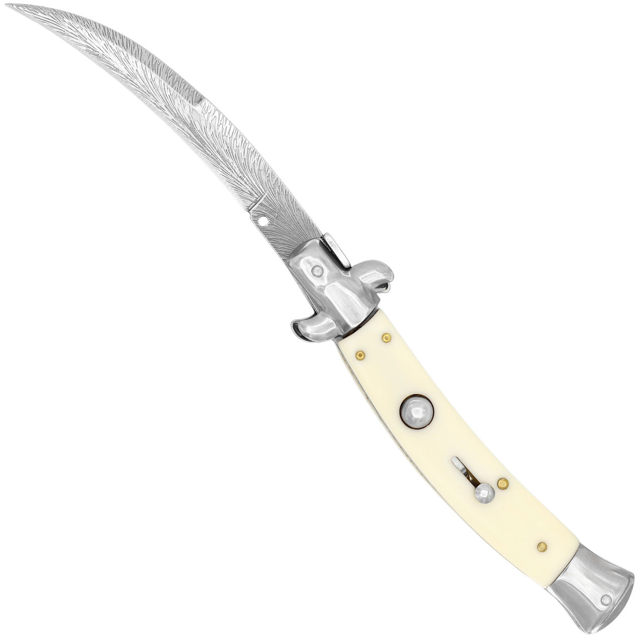 Hooked On You Automatic Curved Blade Bolster Lock Stiletto Knife | White